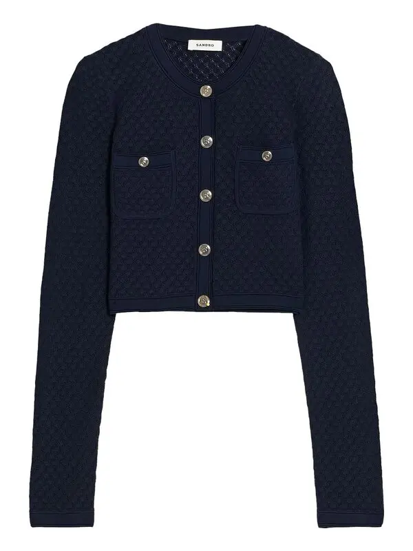 Sandro Cropped Pointelle-knit Cardigan - Navy