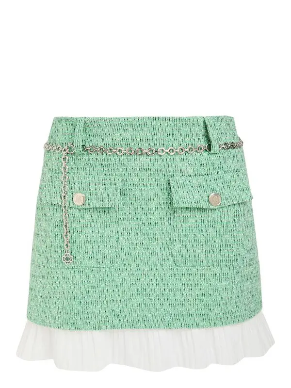 Maje Belted Satin-trimmed Cotton-blend Tweed Mini Skirt - Mint