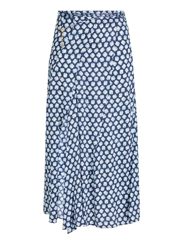 Maje Printed Satin Midi Skirt - Navy