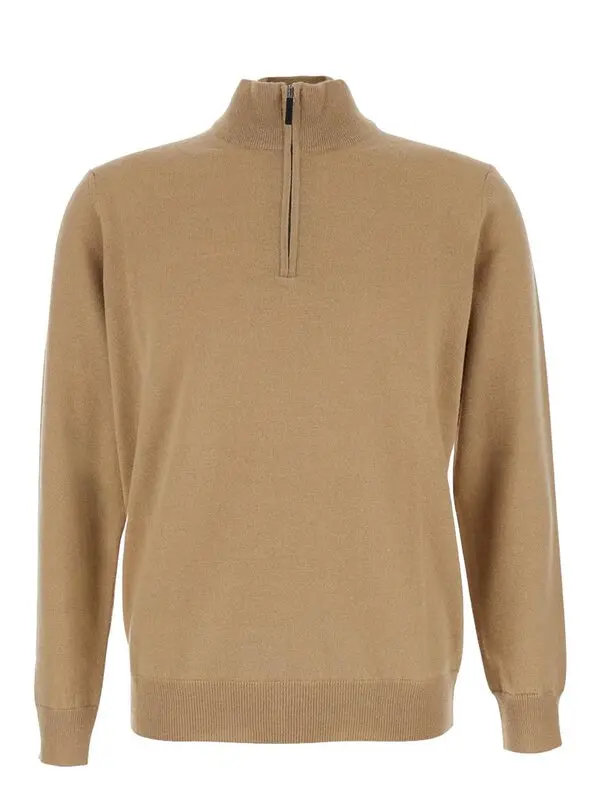 KANGRA Wool Half-zip High Neck Sweater - Beige