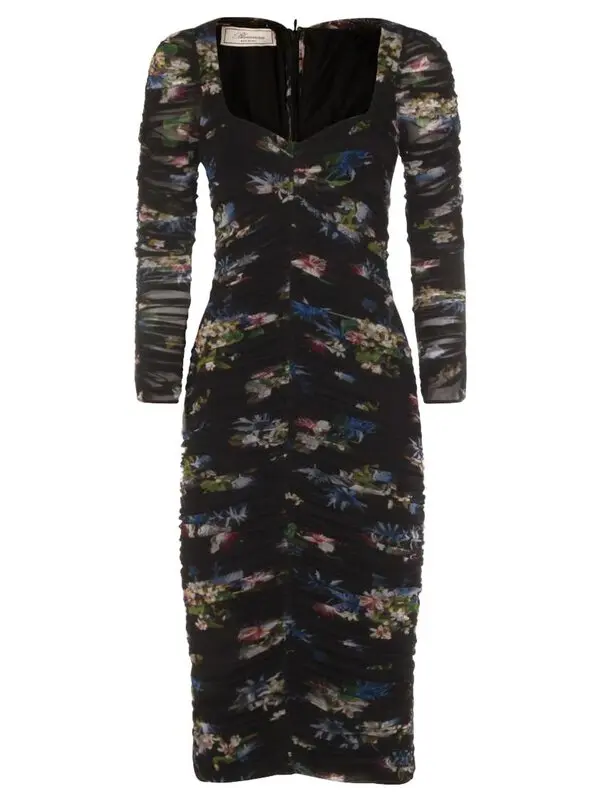 Blumarine Floral Print Midi Dress - Black/brilliant Blue
