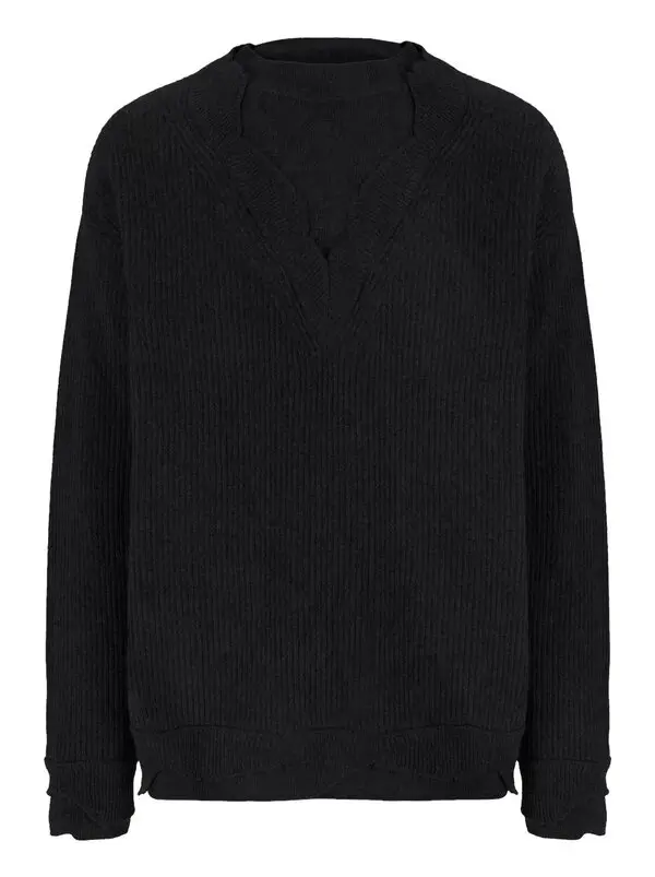 LANEUS Ribbed V-neck Sweater - Black