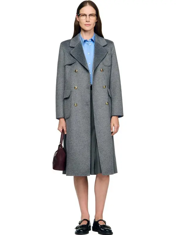 Sandro Double-faced Checked Wool Coat - Grey