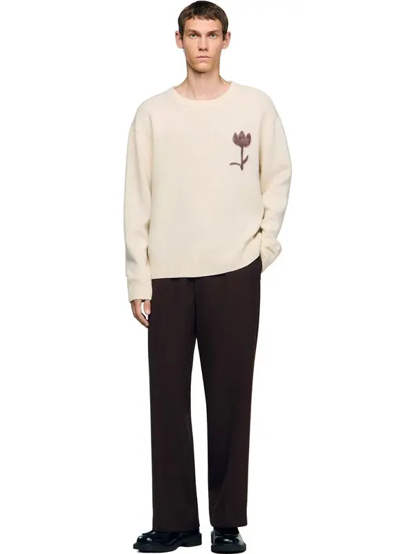 Sandro Wool Sweater With Floral Detail - Butter Cream