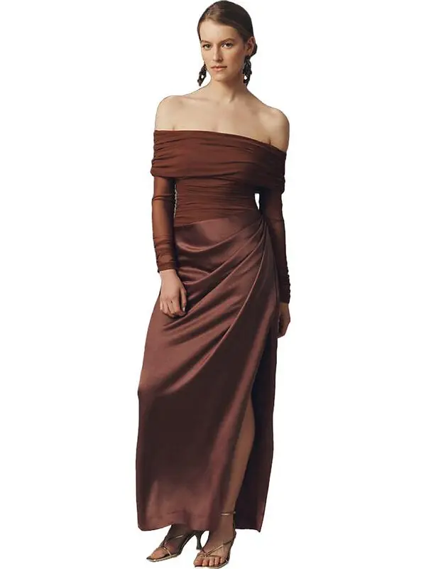 Bhldn Off-shoulder Long-sleeve Stretch Mesh Midi Dress - Chocolate