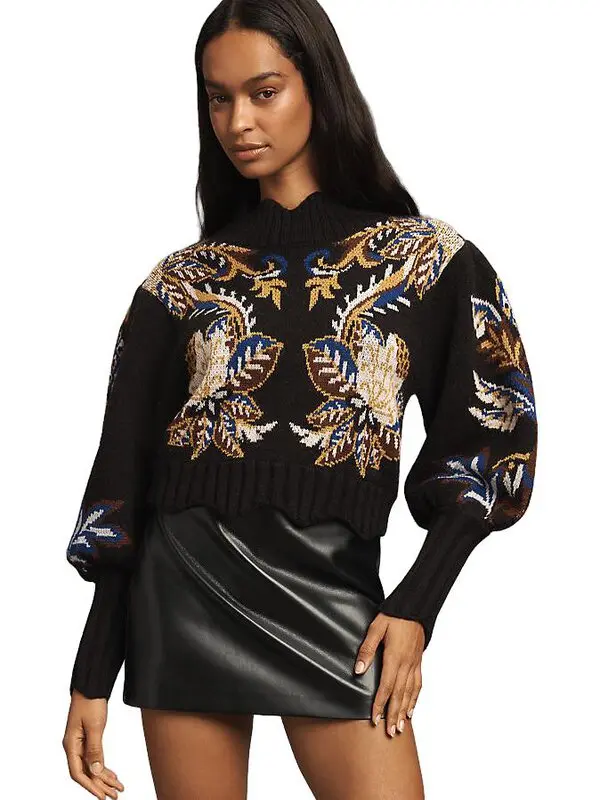 Farm Rio Arabesque Balloon-sleeve Sweater - Arabesque Paradise Black