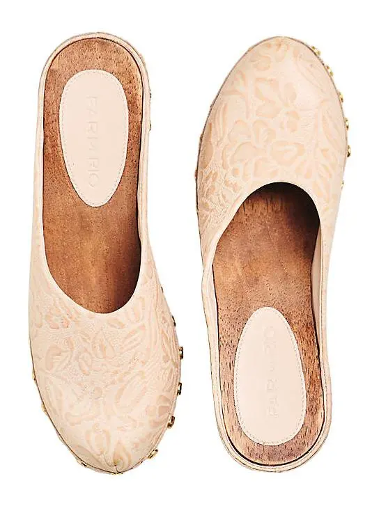 Farm Rio Embossed Leather Clogs With Wood-bottom - Blush