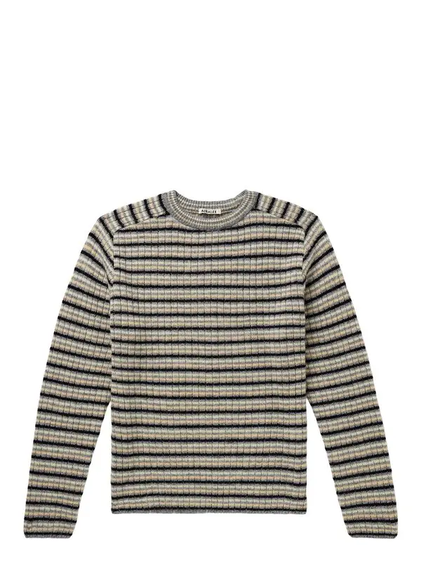 Auralee Striped Shetland Wool And Cashmere-blend Sweater - Gray