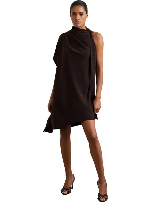 REISS Ellery One-shoulder Draped Mini Dress - Chocolate Brown