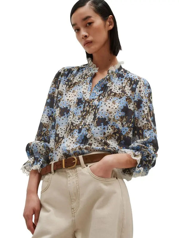 ME+EM Silk Cotton Camo Meadow Print Blouse - Blue/multi