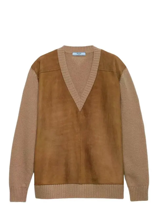 Prada Suede-panel V-neck Sweater - Brown
