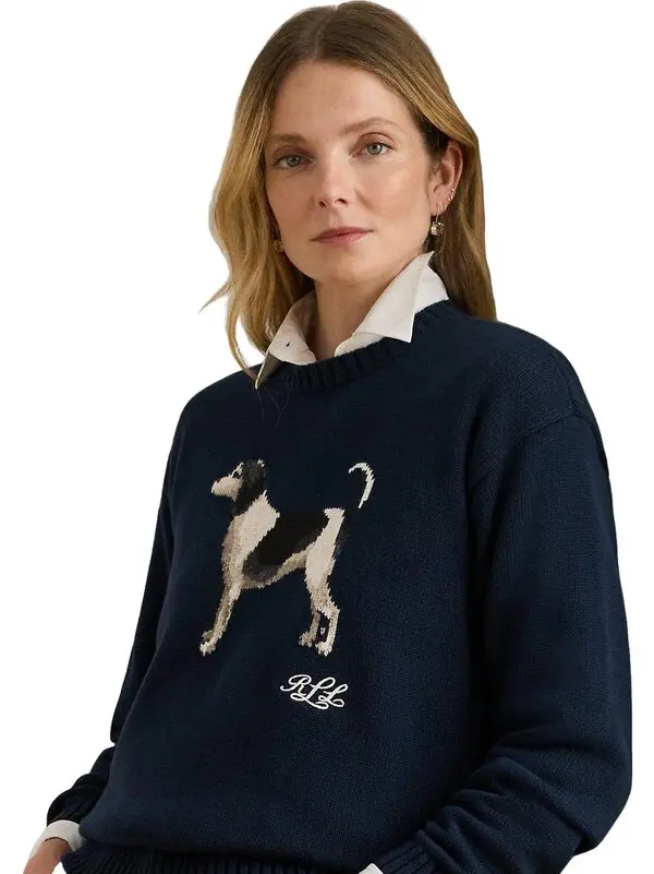 Ralph Lauren Intarsia-knit Dog Cotton Crewneck Sweater - Lauren Navy