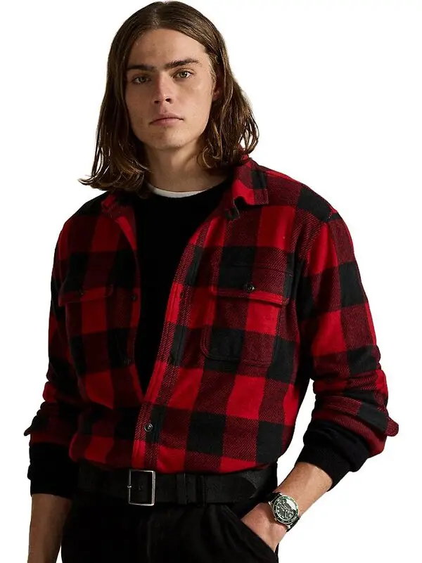 Ralph Lauren Plaid Knit Flannel Overshirt - Polo Black/madison Red