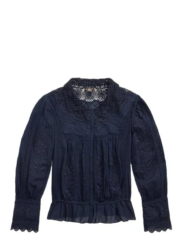 Ralph Lauren Embroidered Cotton Voile & Lace Blouse - Worth Navy