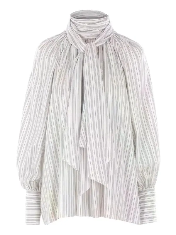 PHAEONIA Scarf-collar Puff-sleeve Blouse - White