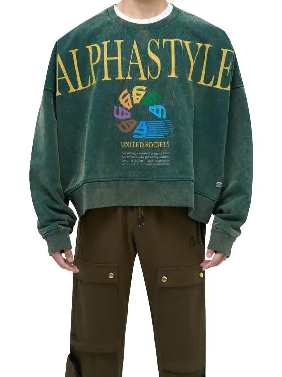 ALPHA STYLE Heavyweight French Terry Crewneck Sweatshirt - Green