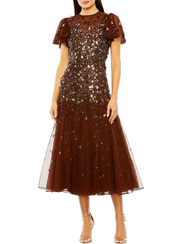 Mac Duggal Flutter Sleeve Beaded Tea-length Dress - Espresso