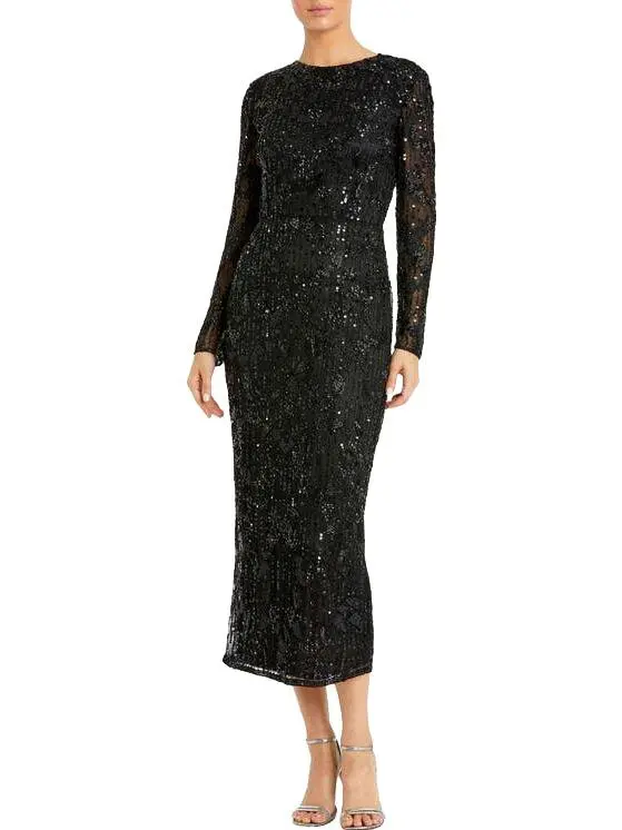 Mac Duggal High Neck Long Sleeve Embellished Midi Dress - Black