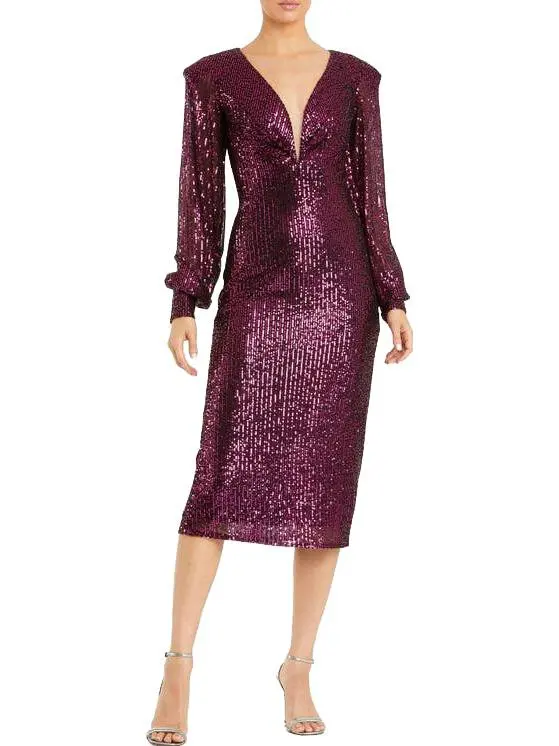 Mac Duggal Sequined Bishop Sleeve Midi Dress - Magenta