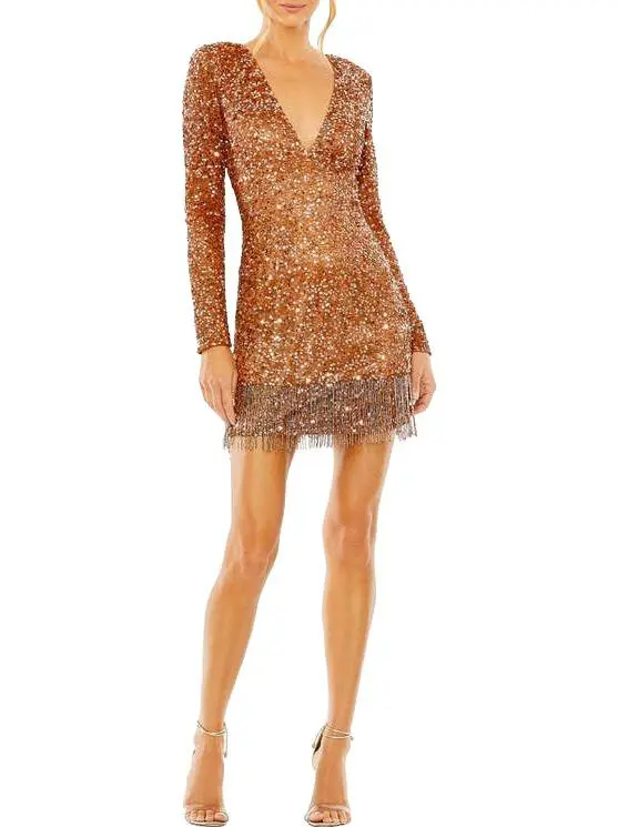 Mac Duggal Sequin V-neck Mini Dress With Fringe - Copper