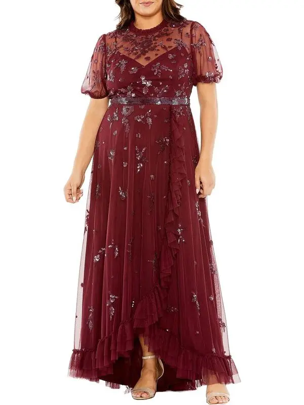 Mac Duggal High Neck Puff Sleeve Embellished Faux Wrap Gown - Bordeaux