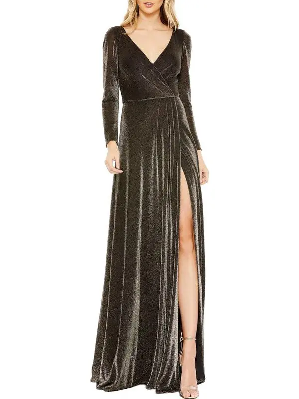 Mac Duggal Long Sleeve Faux Wrap A-line Gown - Black Gold