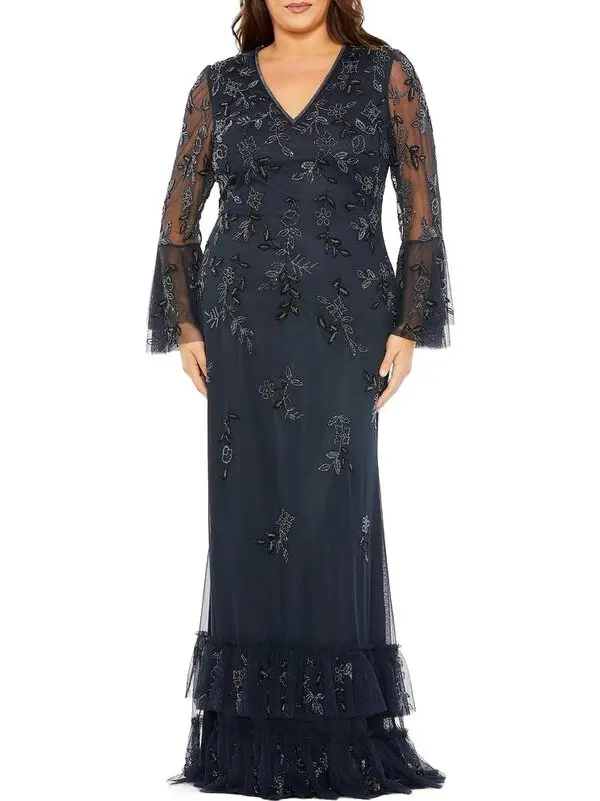 Mac Duggal Embellished Tiered Long Sleeve Gown - Midnight