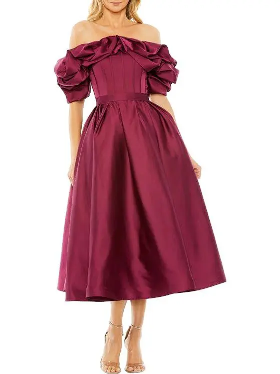 Mac Duggal Off-the-shoulder Tea-length Gown - Plum