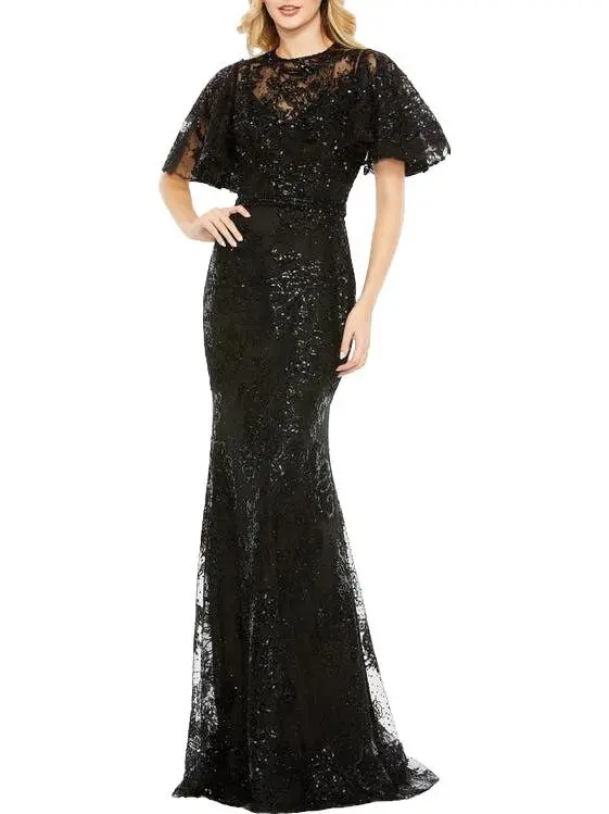Mac Duggal Embellished Flutter Sleeve High Neck Gown - Black