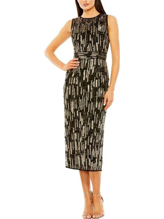 Mac Duggal Abstract Beaded Sleeveless Midi Dress - Black Gold