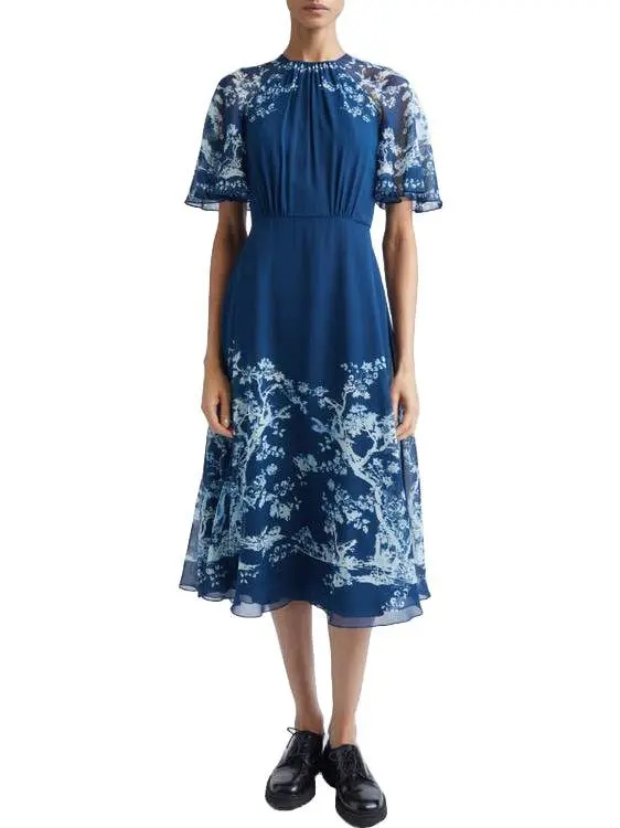 Erdem Flutter Sleeve Silk Voile Midi Dress - Cyanotype Etching Navy