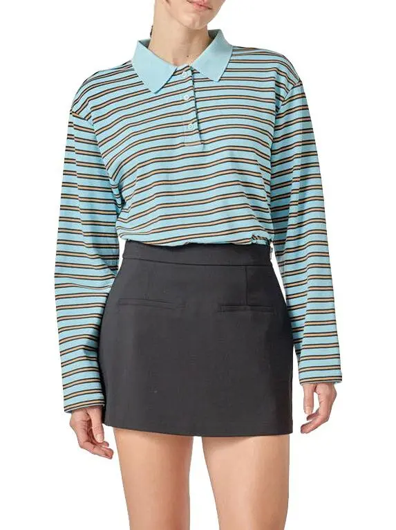 English Factory Striped Henley Sweatshirt With Contrast Collar - Light Blue/beige