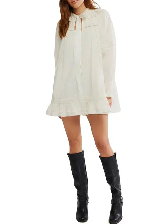 Free People Long Sleeve Cotton Babydoll Mini Dress - Tea