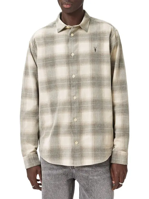 ALLSAINTS Yuki Plaid Cotton Flannel Button-up Shirt - Sandshell Taupe
