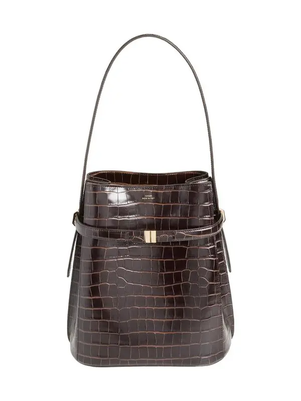 TOTEME Leather Bucket Bag With Embossed Croc Effect - Dark Brown