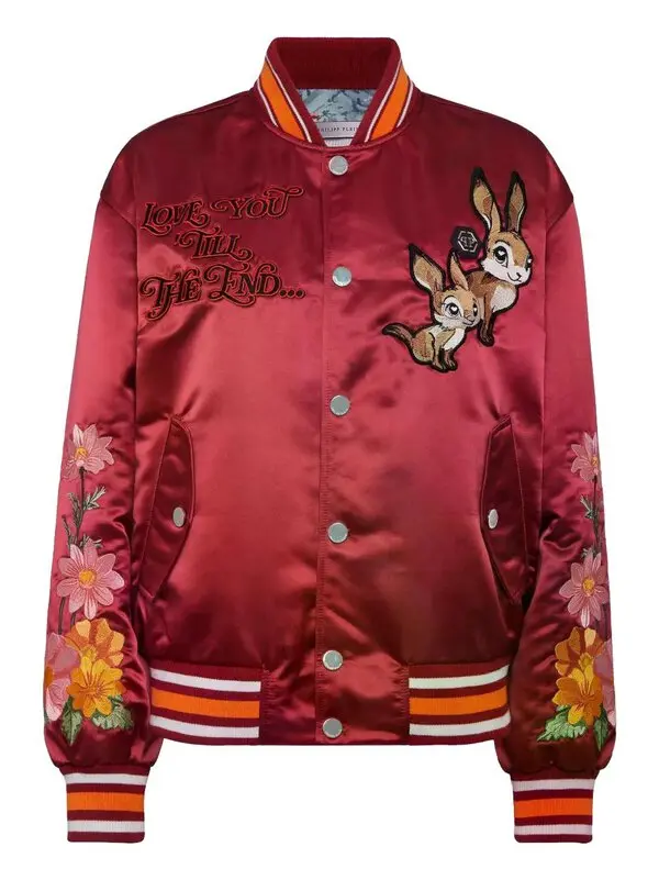 Philipp Plein Embroidered Satin Bomber Jacket - Red