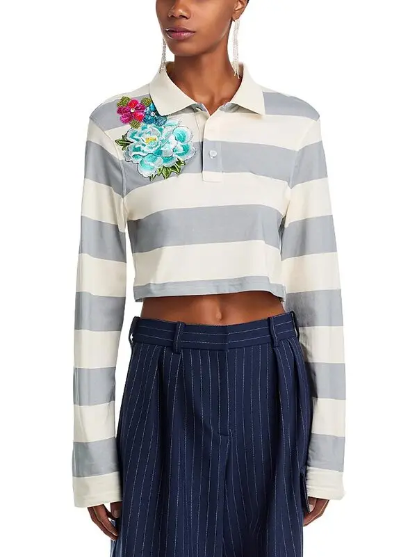 AREA Embroidered Flower Rugby Stripe Crop Polo - Cream/grey