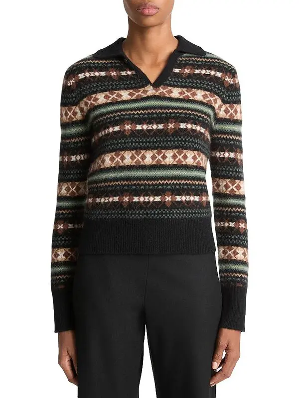 Vince Fair Isle Cashmere Polo Sweater - Cacao/mala