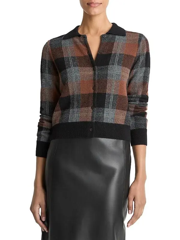 Vince Check Plaid Cashmere Polo Cardigan - Cocao/dark Heather