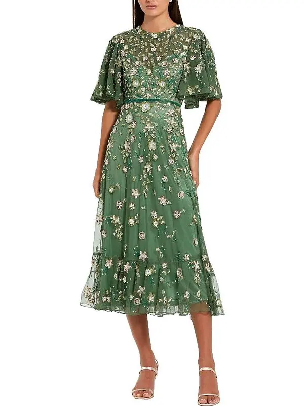 Mac Duggal Floral Embellished Flutter Sleeve Midi Dress - Sage