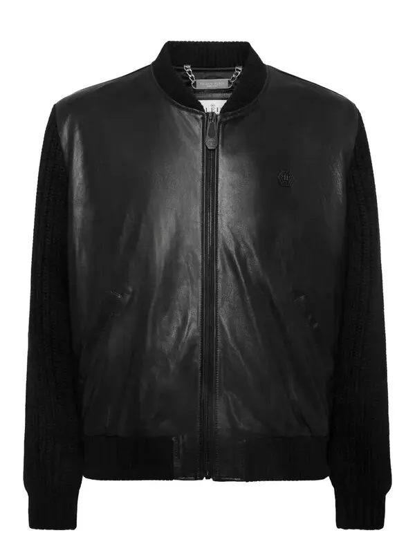 Philipp Plein Leather Knitted-sleeve Jacket - Black