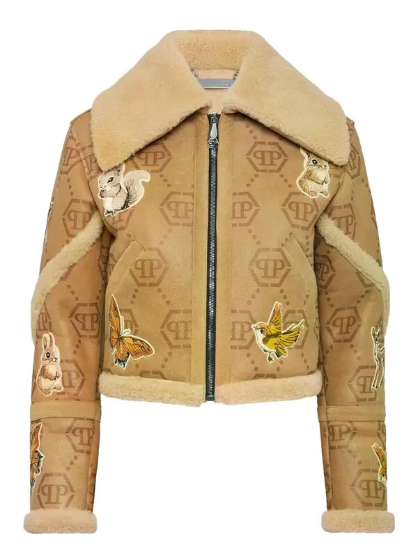 Philipp Plein Monogram Embroidered Shearling Jacket - Neutrals