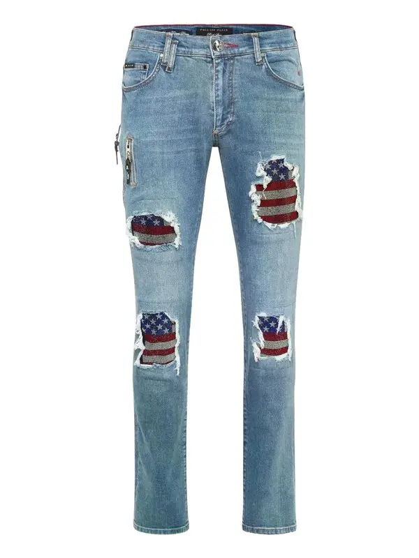 Philipp Plein Rock Star Fit American Flag Embellished Jeans - Blue