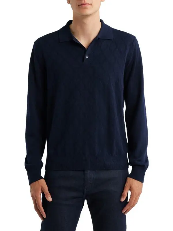 Canali Long Sleeve Wool Polo Sweater - Navy