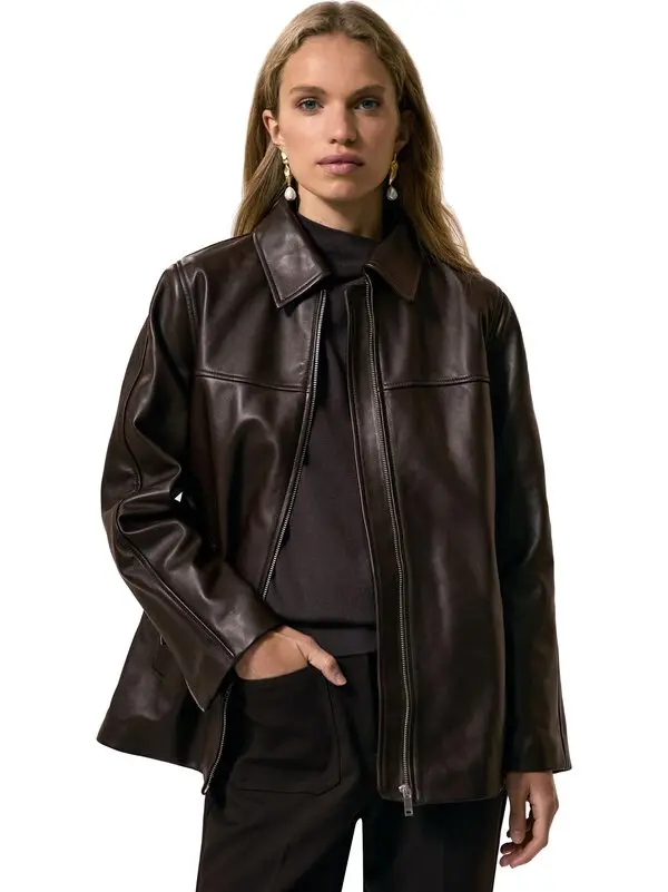 REISS Layla Longline Leather Jacket - Chocolate Brown