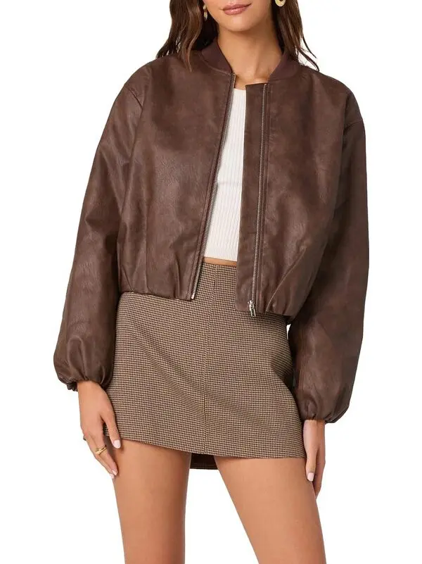 Astr The Label Faux Leather Cropped Bomber Jacket - Brown