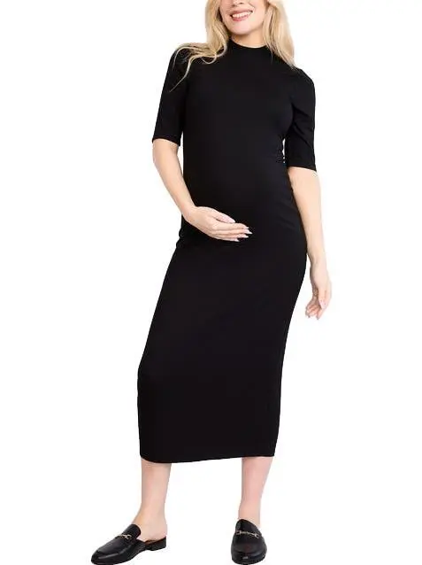 Motherhood Maternity Mock Neck 3/4 Sleeve Ribbed Maxi Dress - Black