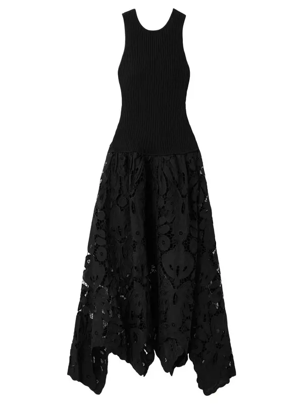 Aje Atlas Asymmetric Ribbed-knit And Guipure Lace Midi Dress - Black