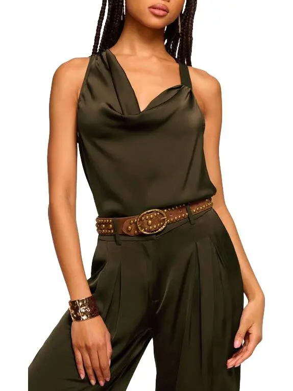 Ramy Brook Zoe Cowl Neck Sleeveless Satin Top - Deep Olive