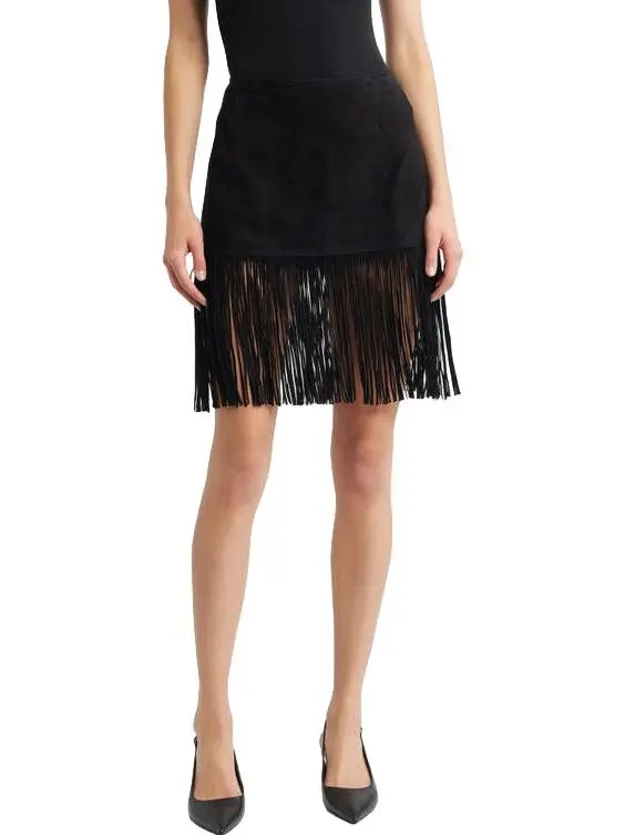 FRAME Fringe Trim Suede Skirt - Black